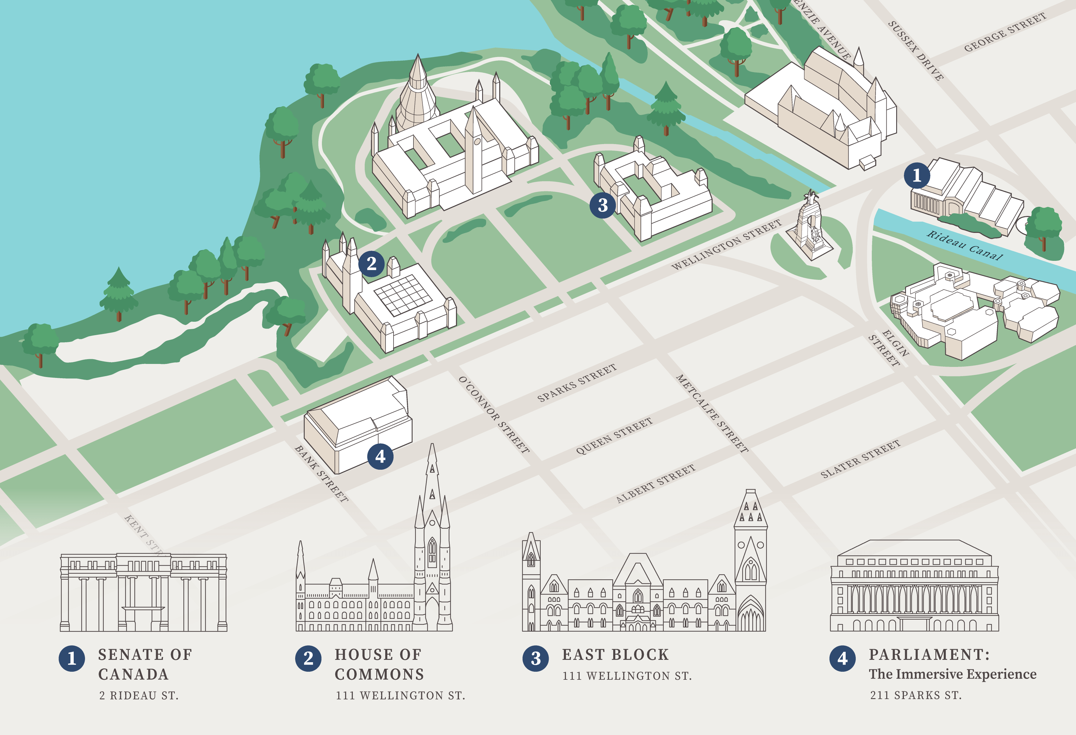 A map of downtown Ottawa, showing the locations of the Parliament ...